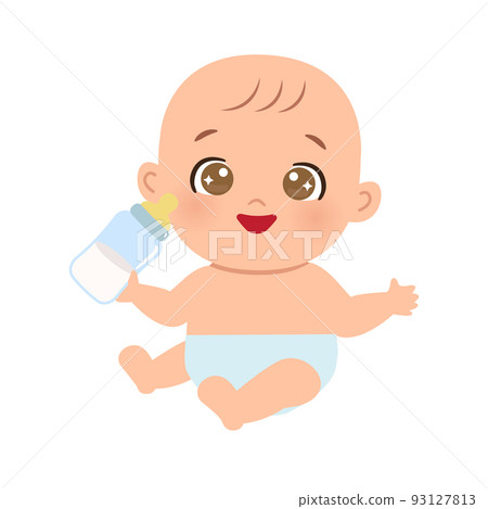Cute happy baby with a bottle of milk. Flat... - Stock Illustration ...