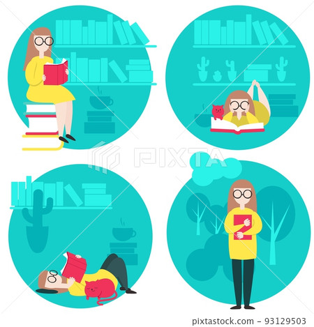 Woman reading book vector illustration in flat... - Stock Illustration ...