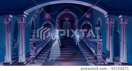 Old castle with ghosts flying in dark scary room - Stock Illustration ...