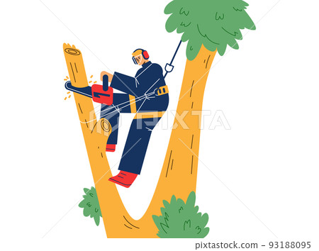 Gardener workman trimming huge trees flat... - Stock Illustration ...