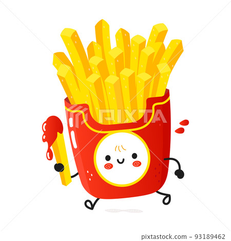 Cute funny running french fries. Vector hand... - Stock Illustration ...