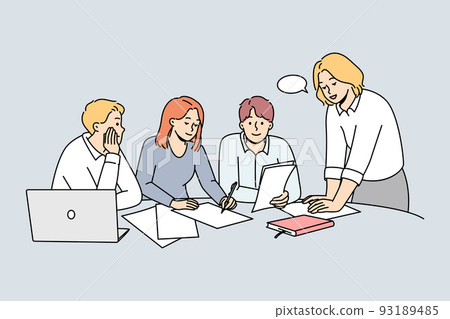 Businesspeople discuss paperwork at meeting - Stock Illustration ...