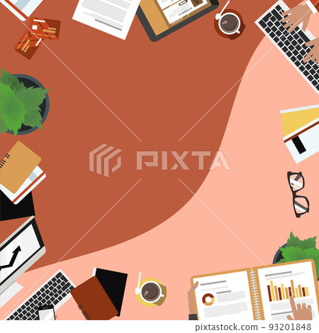 Flat View Work Table With Colagues Preparing...-插圖素材 [93201848] - PIXTA圖庫
