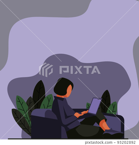 Lady Drawing Sitting Back On Sofa Using Laptop.... - Stock Illustration ...