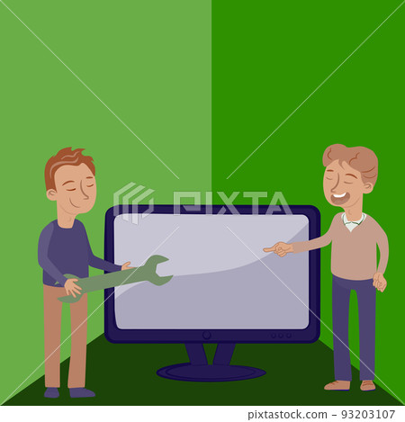 Man Pointing On Tv Screen. Man With Wrench... - Stock Illustration ...