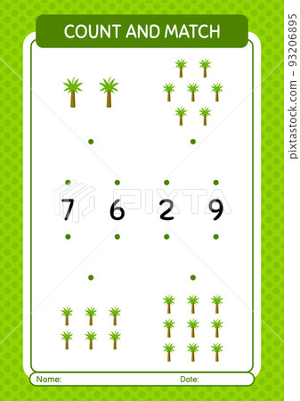 Count and match game with palm tree. worksheet... - Stock Illustration ...