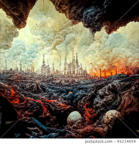 Digital painting of future cities and end of... - Stock Illustration ...