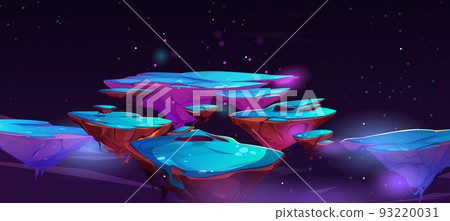 Flying rock islands at night sky cartoon landscape - Stock Illustration ...