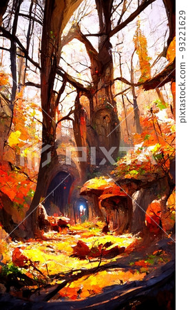 Autumn forest cave scene - Stock Illustration [93221629] - PIXTA