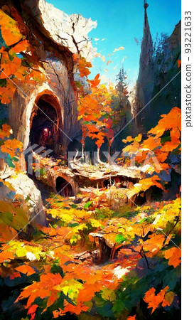 Autumn forest cave scene - Stock Illustration [93221633] - PIXTA