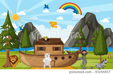 Noah's Ark with wild animals in nature scene - Stock Illustration ...