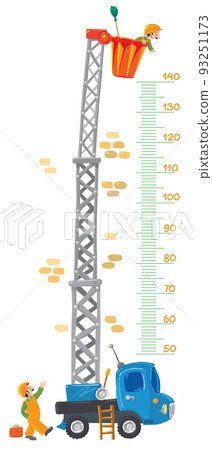 Two funny workers and machine-lift Height chart - Stock Illustration ...