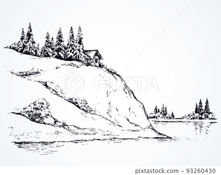 Firs on hill above river. Vector drawing - Stock Illustration [93260430 ...