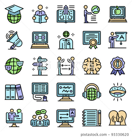 Foreign language teacher icons set line color... - Stock Illustration ...