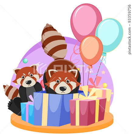 Two red pandas with gift boxes and balloons - Stock Illustration ...