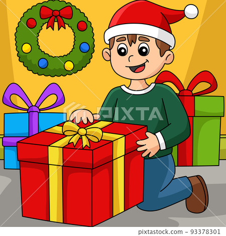 Christmas Boy Opening Gift Colored Cartoon - Stock Illustration ...