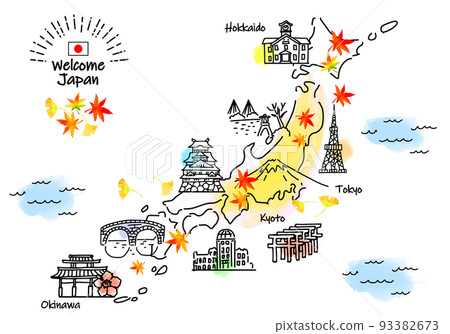 Autumn hand-drawn map of Japan and simple line... - Stock Illustration ...