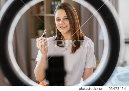 girl blogger with ring light applying make up - Stock Photo [93472454 ...
