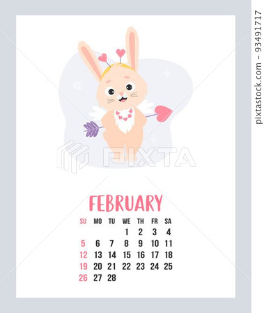 February 2023 calendar. Cute bunny cupid with... - Stock Illustration ...