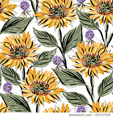Seamless pattern with bright sunflower and wild... - Stock Illustration ...