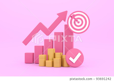 Pink rising arrow, profit bar graph and shield... - Stock Illustration ...