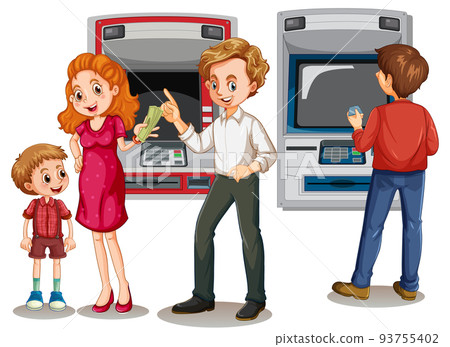ATM machine with people cartoon character - Stock Illustration ...