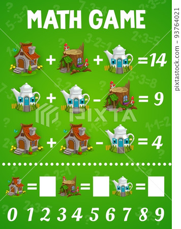 Math game worksheet, cartoon elf and gnome... - Stock Illustration ...