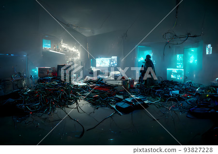 messy cyberpunk hacker hideoutwith cyan... - Stock Illustration ...