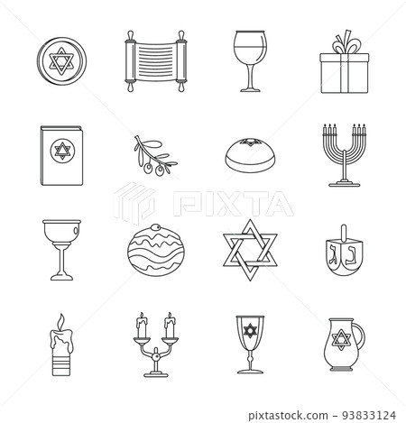 Chanukah jewish holiday icons set, outline style - Stock Illustration ...