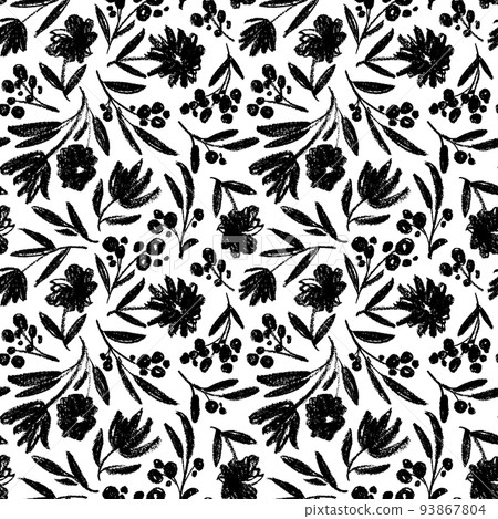 Seamless pattern with charcoal flowers and branch - Stock Illustration ...