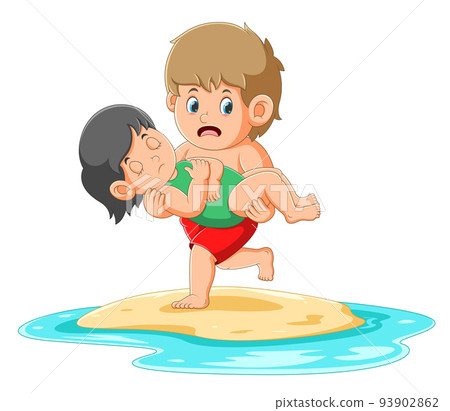 The boy is running to save a girl and carrying... - Stock Illustration ...