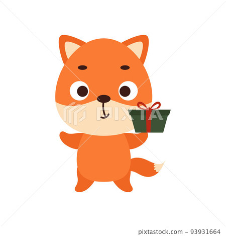 Cute little fox with gift box on white... - Stock Illustration ...