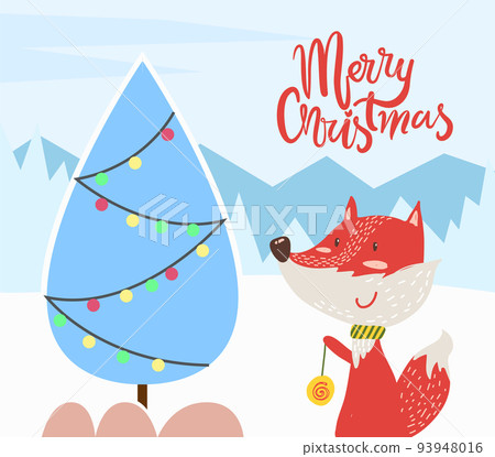 Merry Christmas Fox and Pine Tree Greeting Card-插圖素材 [93948016] - PIXTA圖庫