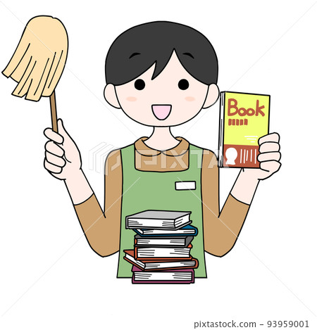 A young male bookstore clerk wearing an apron,... - Stock Illustration ...