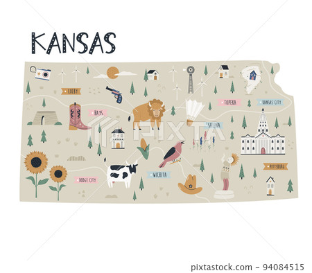 Kansas map state with landmarks and symbols. - Stock Illustration ...