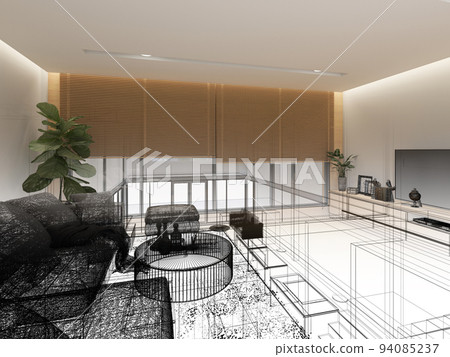 sketch design of interior living, 3d rendering - Stock Illustration ...