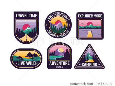 Set of retro travel badges, Outdoor vacation... - Stock Illustration ...