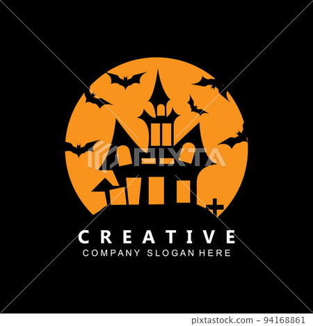 halloween bat and haunted house logo template... - Stock Illustration ...