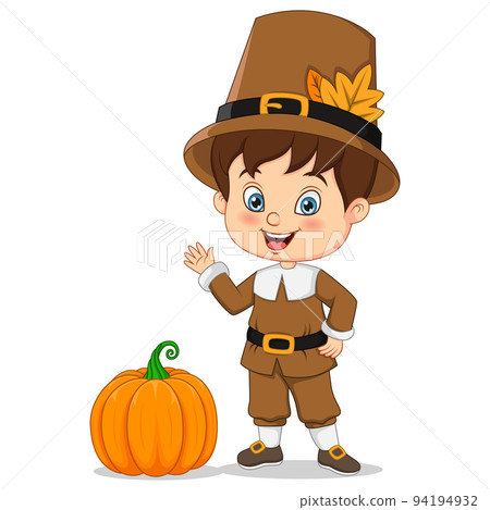 Cute little pilgrim boy cartoon with pumpkin - Stock Illustration ...