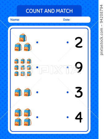 Count and match game with backpack. worksheet... - Stock Illustration ...