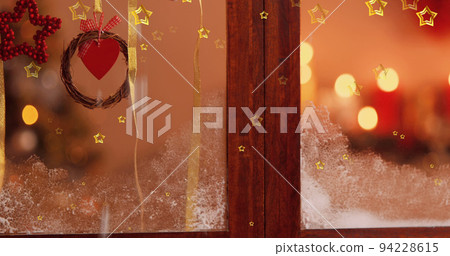 Image of stars falling over winter window with... - Stock Illustration ...