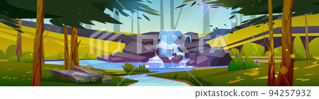 Waterfall in summer forest, cartoon 2d landscape - Stock Illustration ...