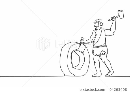 Single one line drawing caveman inventing the... - Stock Illustration ...