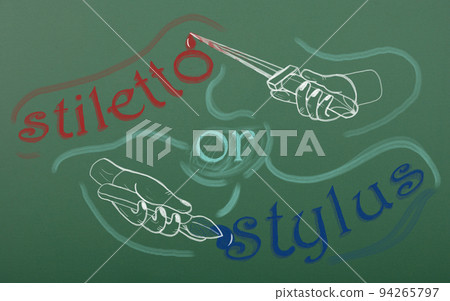 Two hands holds stiletto and stylus. Stiletto... - Stock Illustration ...