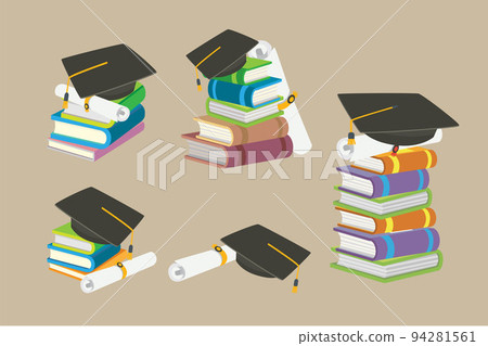 Black graduation cap on stack of books.... - Stock Illustration ...