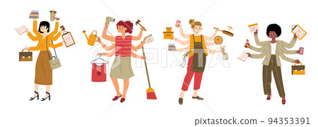 Multitasking women doing many tasks cartoon set - Stock Illustration ...