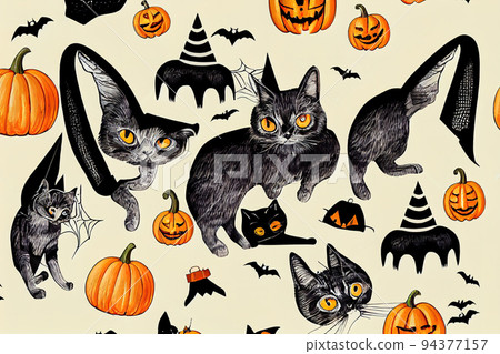 Fun hand drawn Halloween pattern with cats - Stock Illustration ...