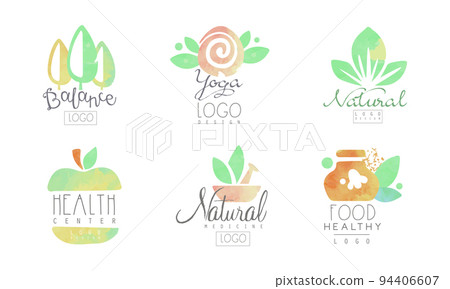 Health center labels set. Healthy food, natural... - Stock Illustration ...