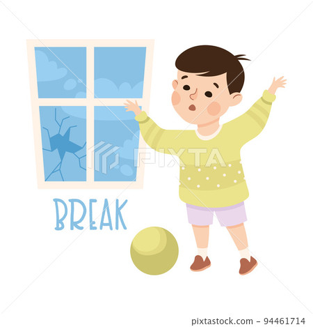 Little Boy Breaking Window with Ball... - Stock Illustration [94461714 ...