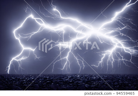 Lightning strikes over the skyline of fantasy city - Stock Illustration ...